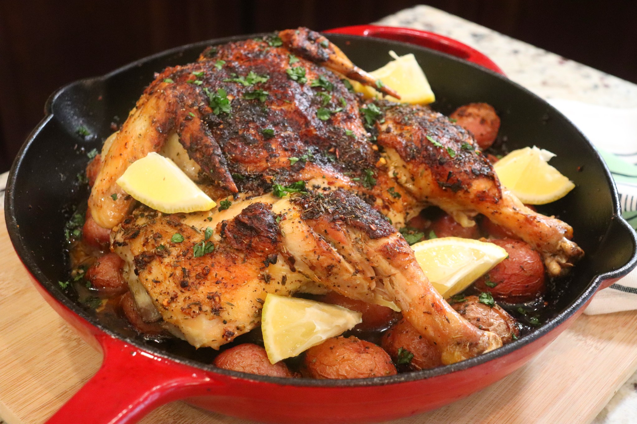 Chicken Under a Brick with Roasted Red Potatoes – Delightful & Delicious